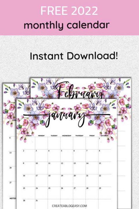 free 2022 monthly calendar - Create A Blog Easy